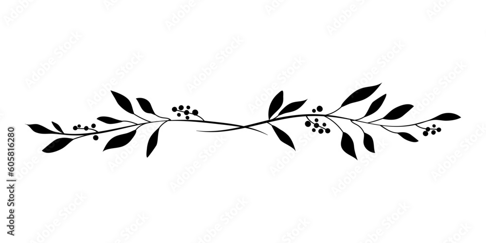 Monochrome elegant floral divider of two branches with leaves and ...