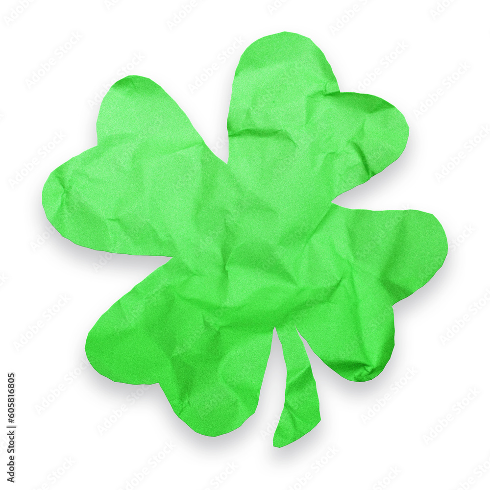 Four-leaf clover shape made with crumpled green paper isolated on ...