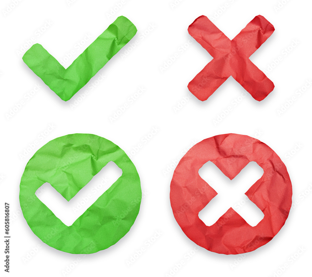 Green and red check mark and cross symbols made with crumpled paper ...
