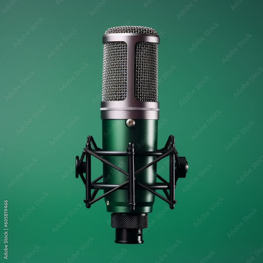 Professional studio microphone on a solid green color background ...