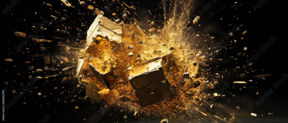3d rendering of explosion of gold particles. Explosion of golden cubes ...