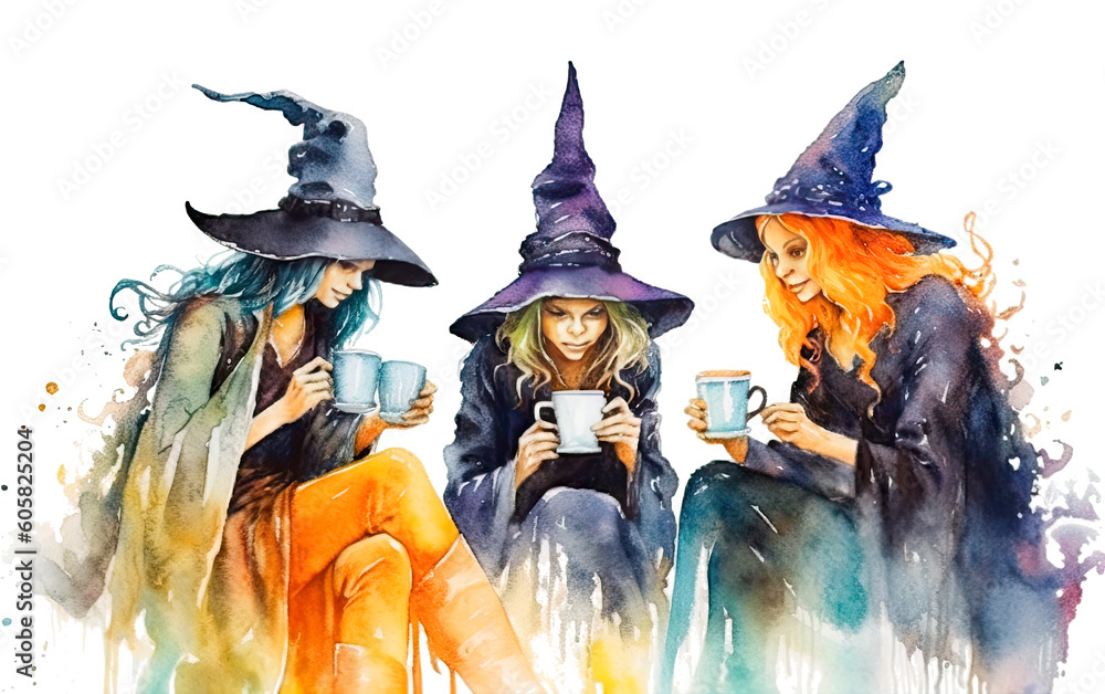 Relocation of witches drinking coffee and talking on transparent ...