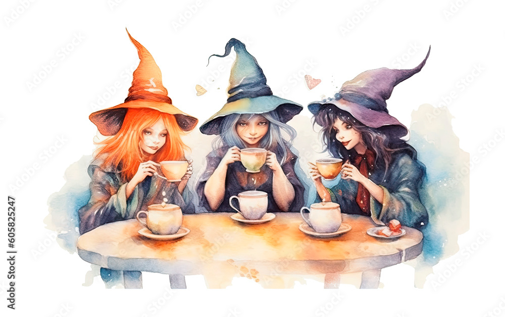 Relocation of witches drinking coffee and talking on transparent ...