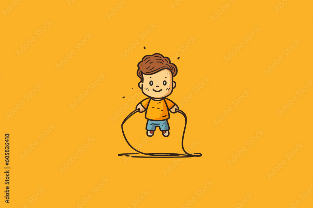 Doodle inspired Kid jumping rope, cartoon sticker, sketch, vector ...