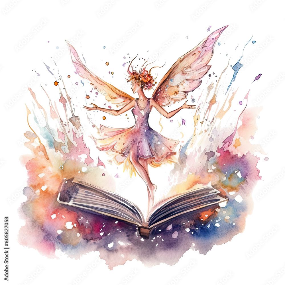 Cute fairy reading book on stack of books, watercolor hand draw ...