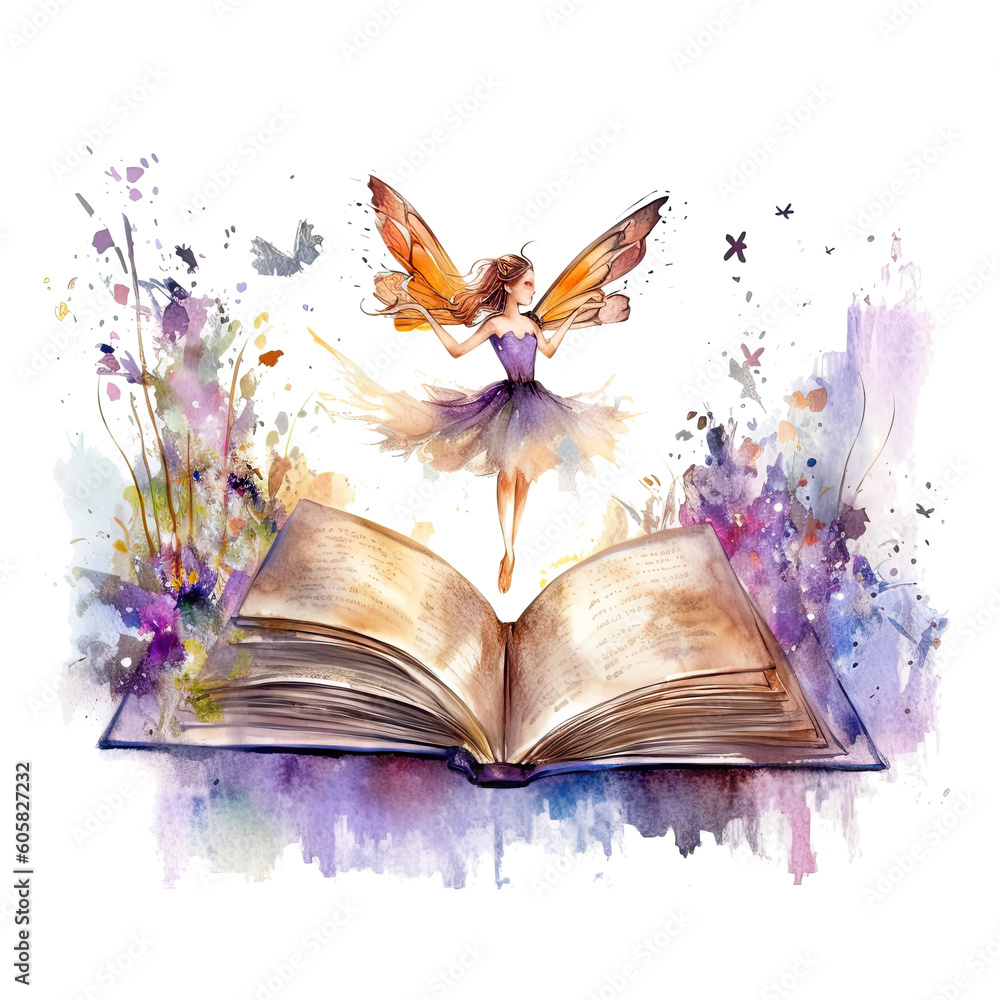 Cute fairy reading book on stack of books, watercolor hand draw ...