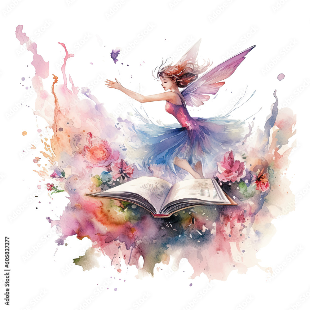 Cute fairy reading book on stack of books, watercolor hand draw ...
