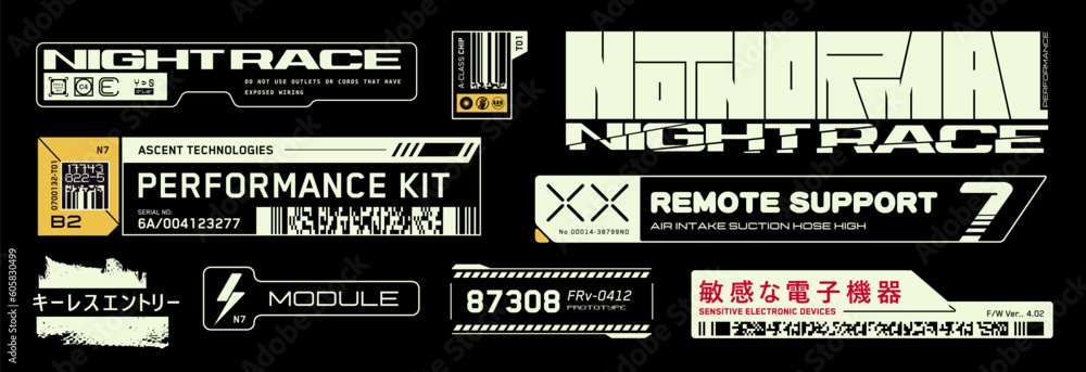 Cyberpunk decals, stickers, labels in futuristic style. Inscriptions ...