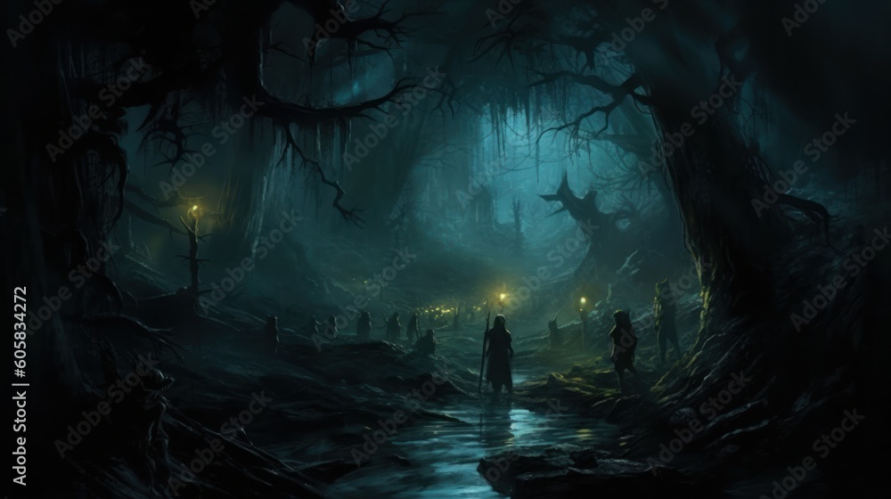 Dark and eerie scene depicting an underworld realm, where ethereal ...