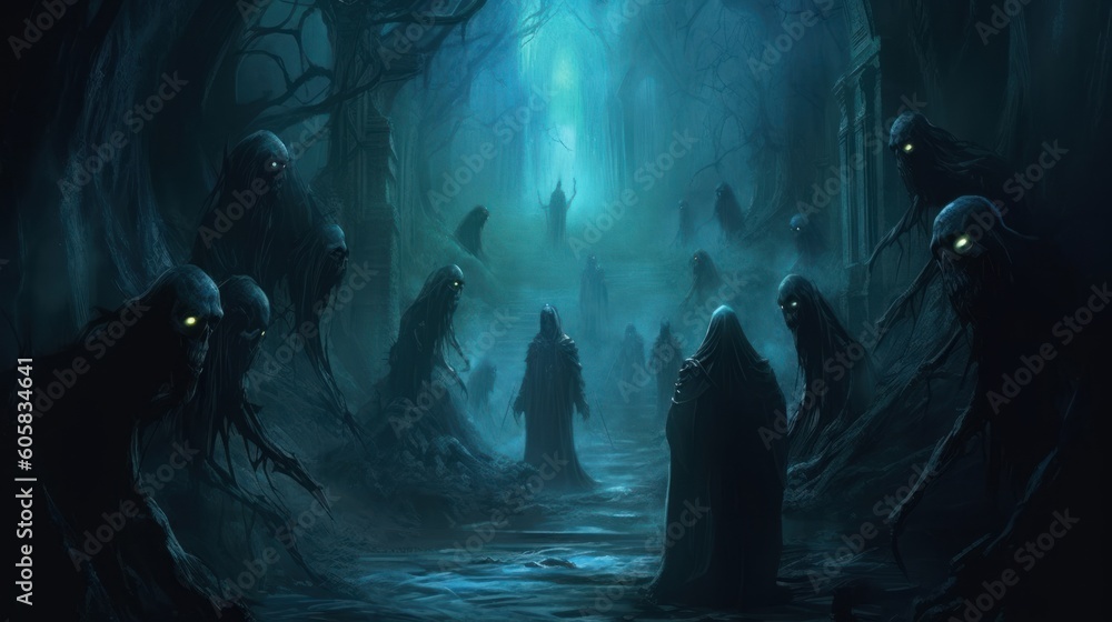 Dark and eerie scene depicting an underworld realm, where ethereal ...