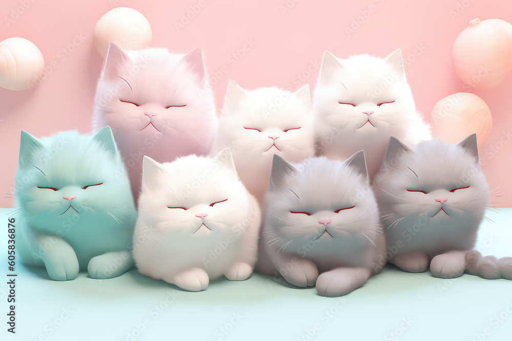 Lots of cute cats with colored hair in pastel colors. Isolated on a ...