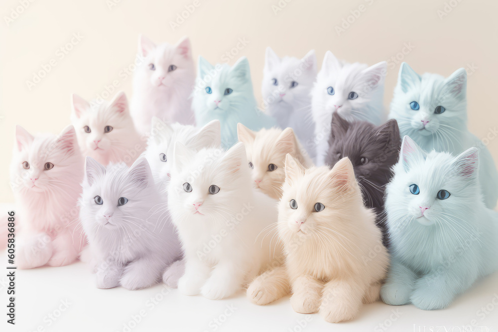 Lots of cute cats with colored hair in pastel colors. Isolated on a ...