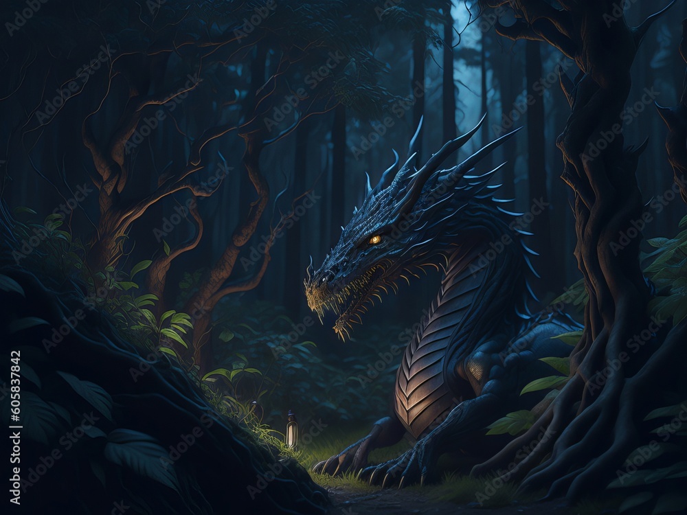Beautiful black dragon in a night forest, peacefully lying in a ...