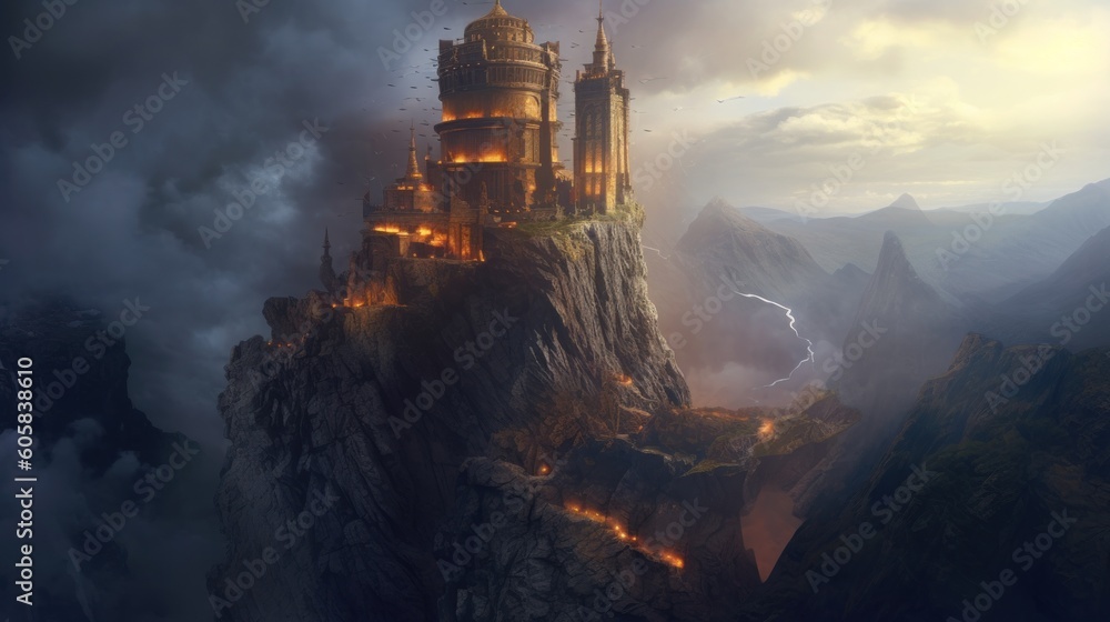 Ancient and towering wizard's tower perched on a craggy cliff. Envision ...