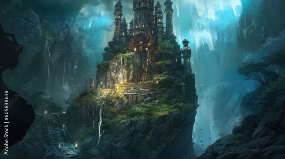 Ancient and towering wizard's tower perched on a craggy cliff. Envision ...