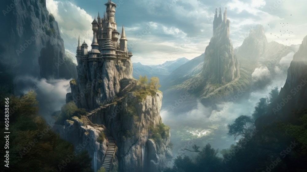 Ancient and towering wizard's tower perched on a craggy cliff. Envision ...