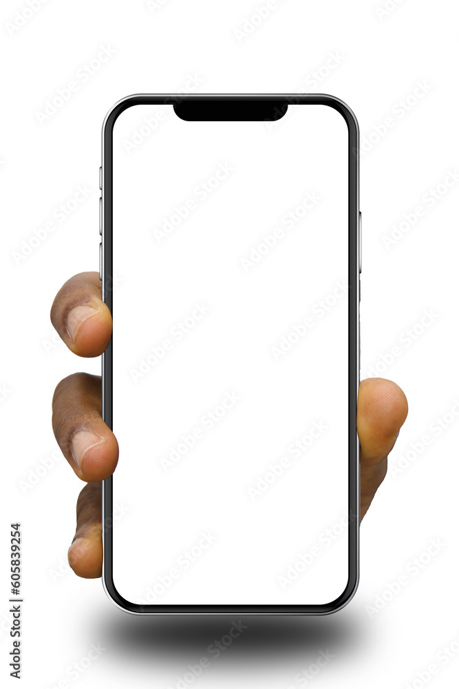 Black hand holding phone facing camera isolated on transparent ...