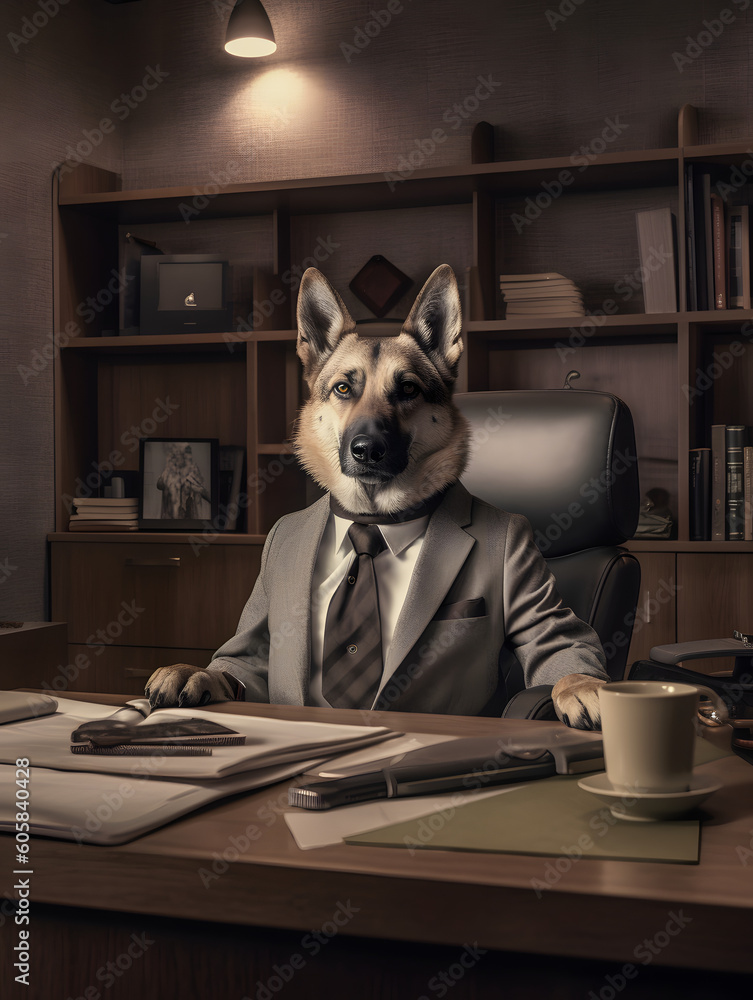 Generative Ai: dog as animal boss wearing suit in the office. Stock ...