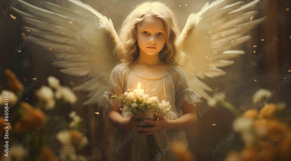 Beautiful blond haired angel little girl holds a bouquet of flowers and ...