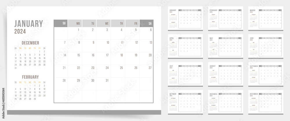 Calendar 2024, Calendar 2024 - Week Starts Sunday. Gray Minimal Classic ...
