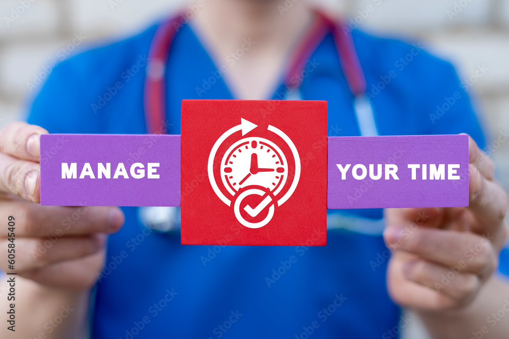 Doctor holding colorful blocks sees icon: clock with check mark and ...