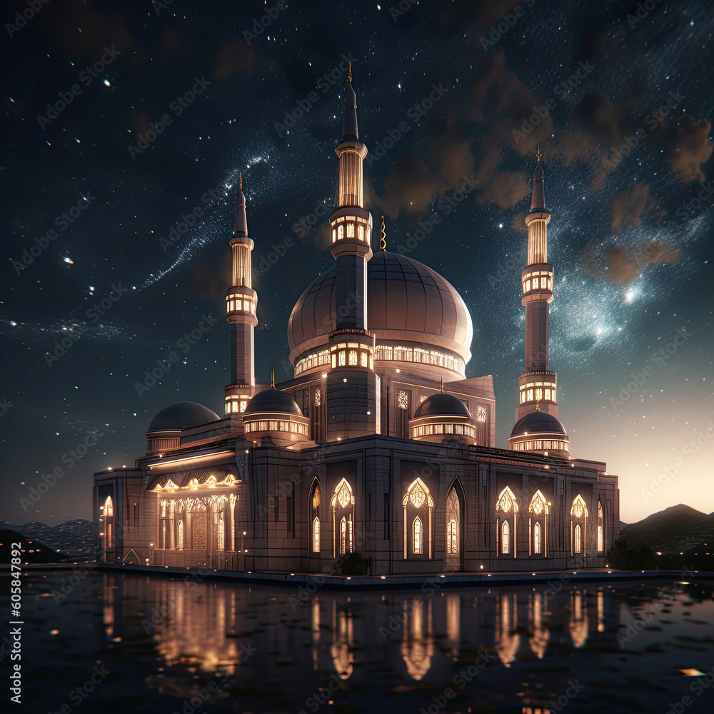 Ultra realistic mosque, night mode, with stars in sky, religious vibe ...