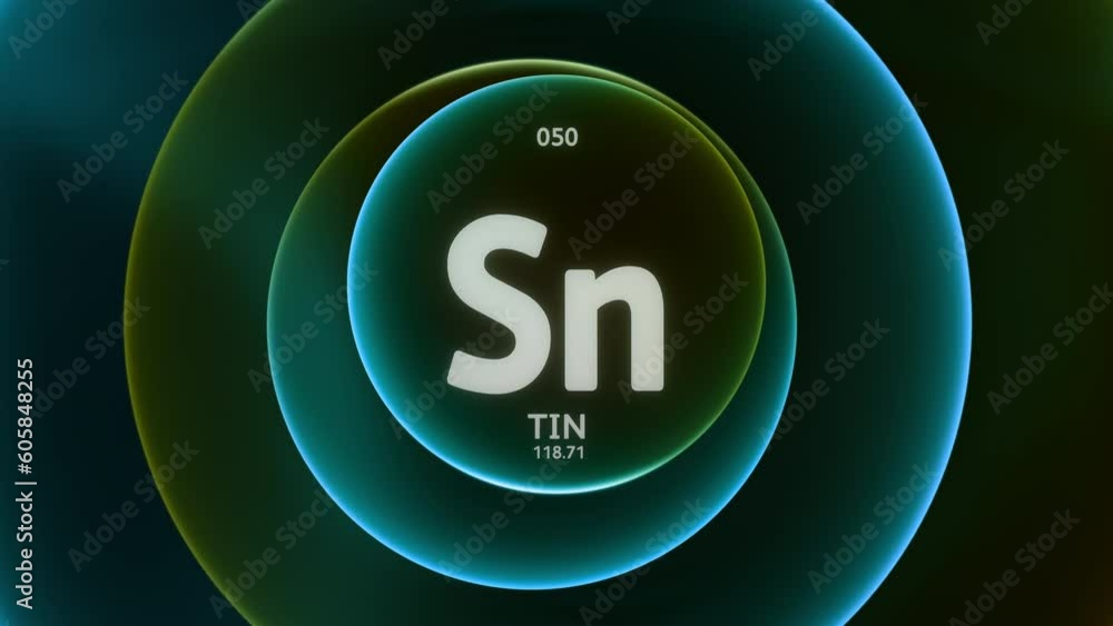 Tin as Element 50 of the Periodic Table. Concept animation on abstract ...