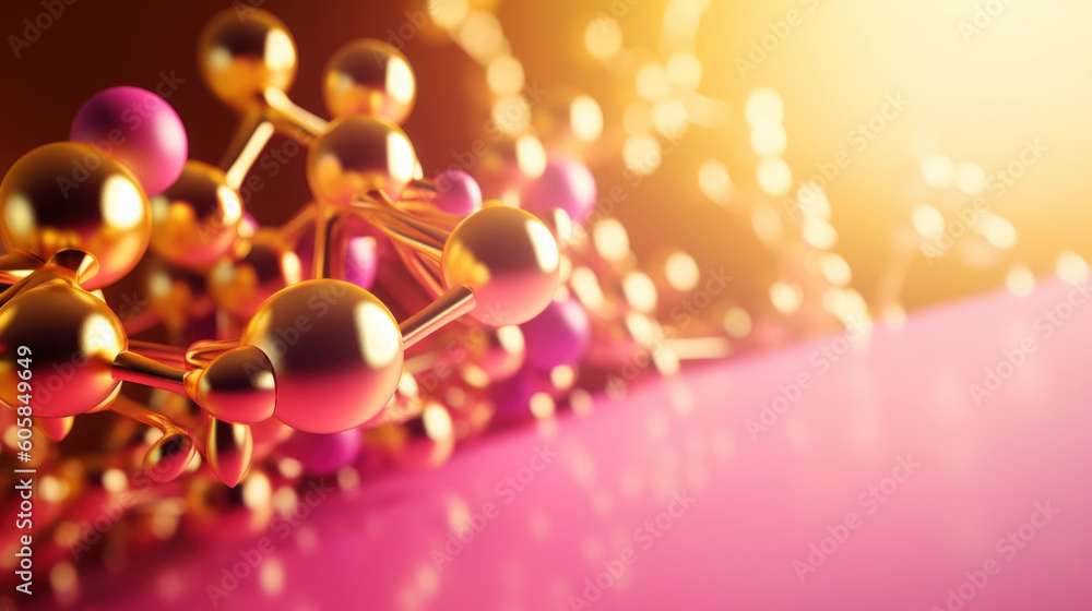 Molecular cosmetics, molecular chain of golden molecules pink background, golden threads ...