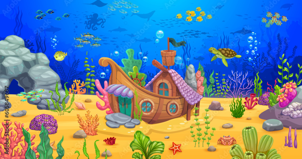 Cartoon underwater sea landscape with sunken boat and seaweeds. Wooden ...