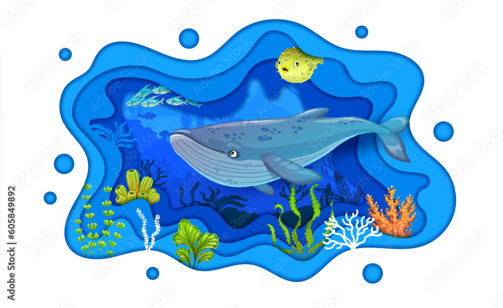 Cartoon whale, puffer fish and shoal on underwater paper cut landscape ...