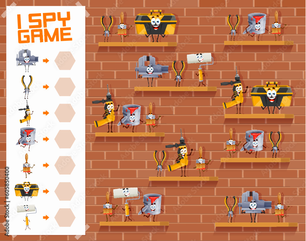 I spy game cartoon repair DIY work tool characters, vector kids quiz ...