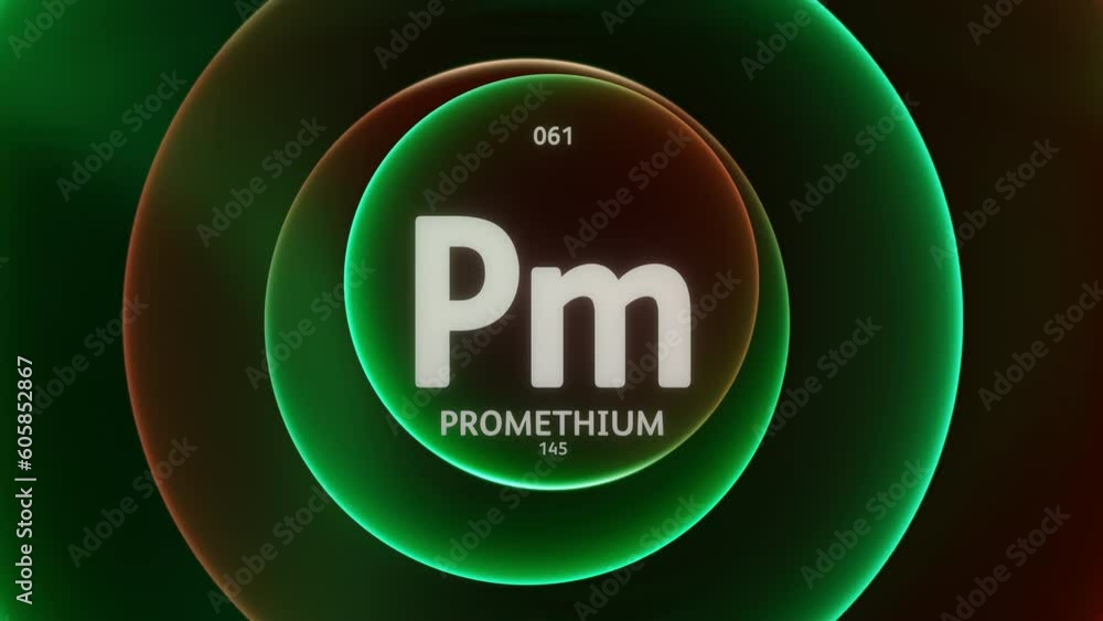 Promethium as Element 61 of the Periodic Table. Concept animation on ...