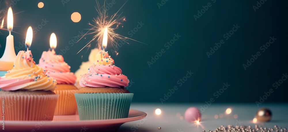 weet colorful birthday cupcakes and candle, Generative Ai Stock Photo ...