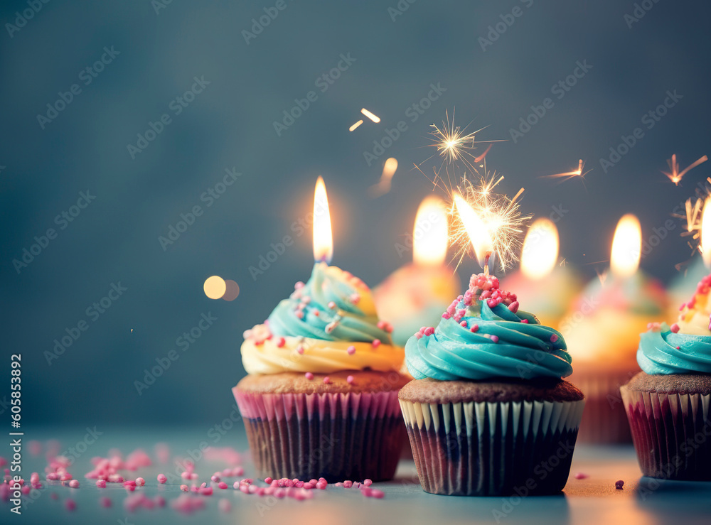 weet colorful birthday cupcakes and candle, Generative Ai Stock ...