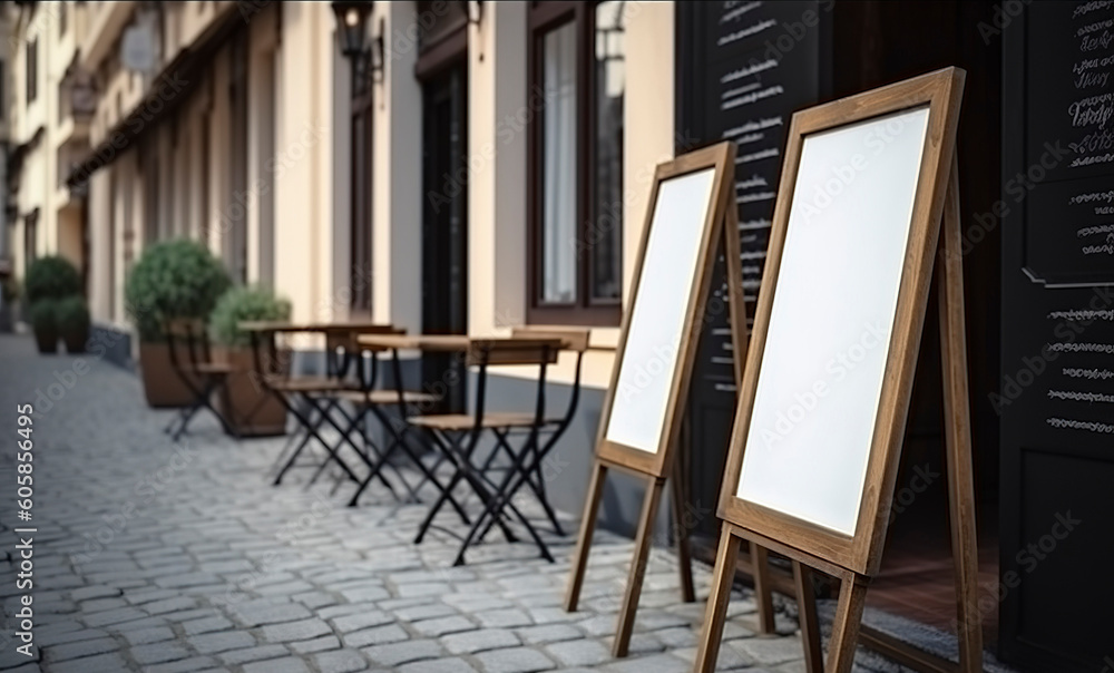 Blank restaurant shop sign or menu boards near the entrance to ...