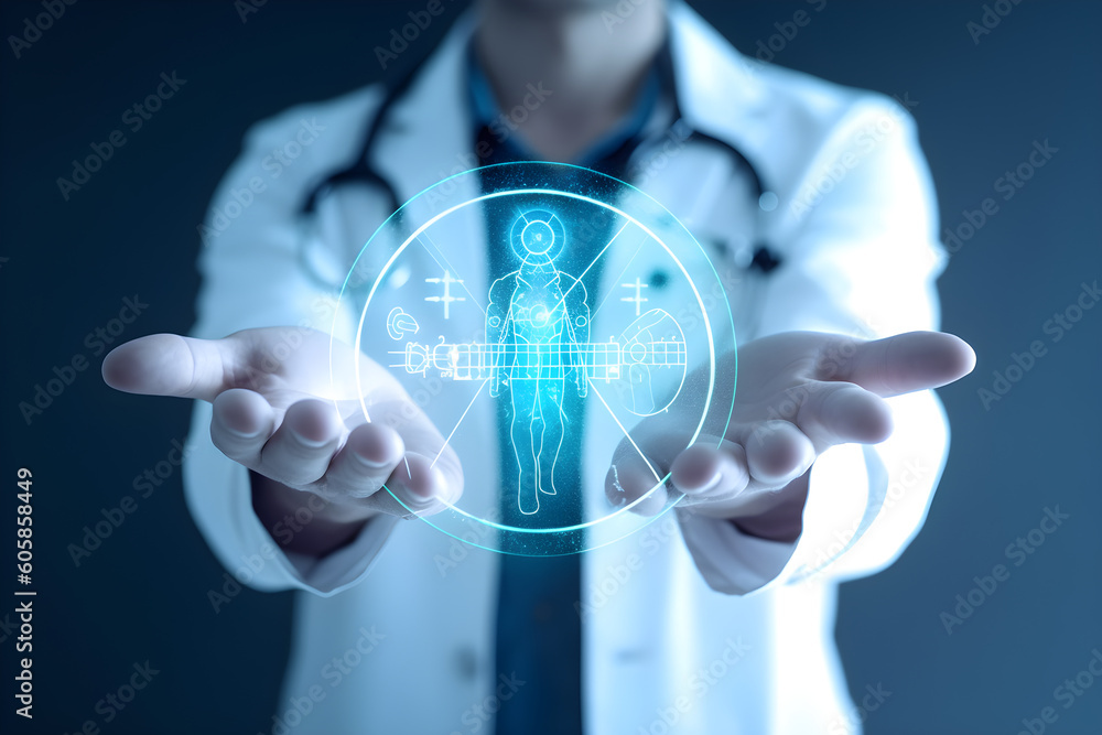 Medicine doctor and stethoscope in hand touching icon medical network ...