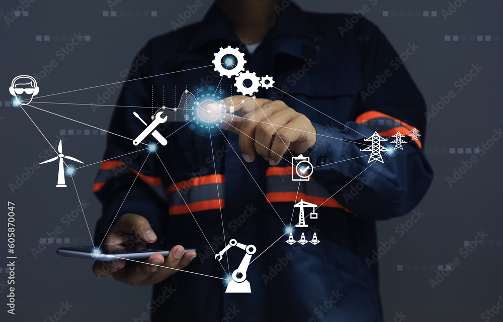 Engineers analysis order turn on, turn off, control and check machine ...