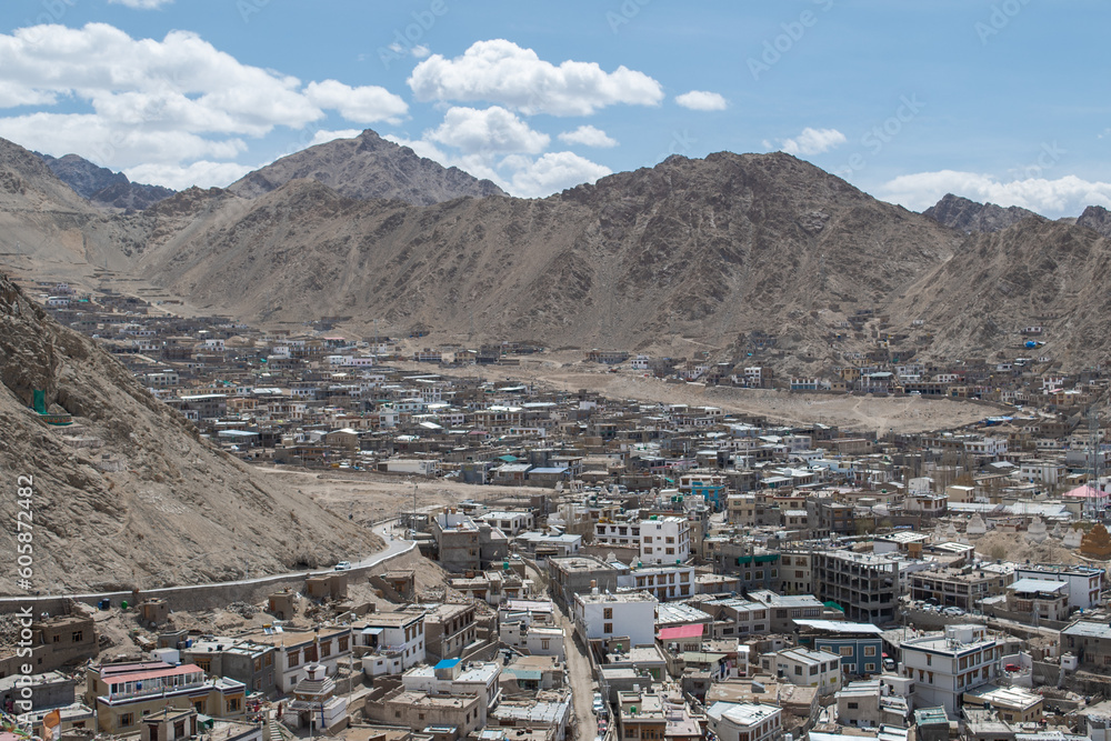 View of Leh city, the capital of Ladakh, Northern India. Leh city is ...