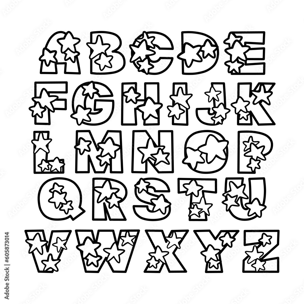 Cute Decorative Font Alphabet with Stars, Vector Letters for Coloring ...
