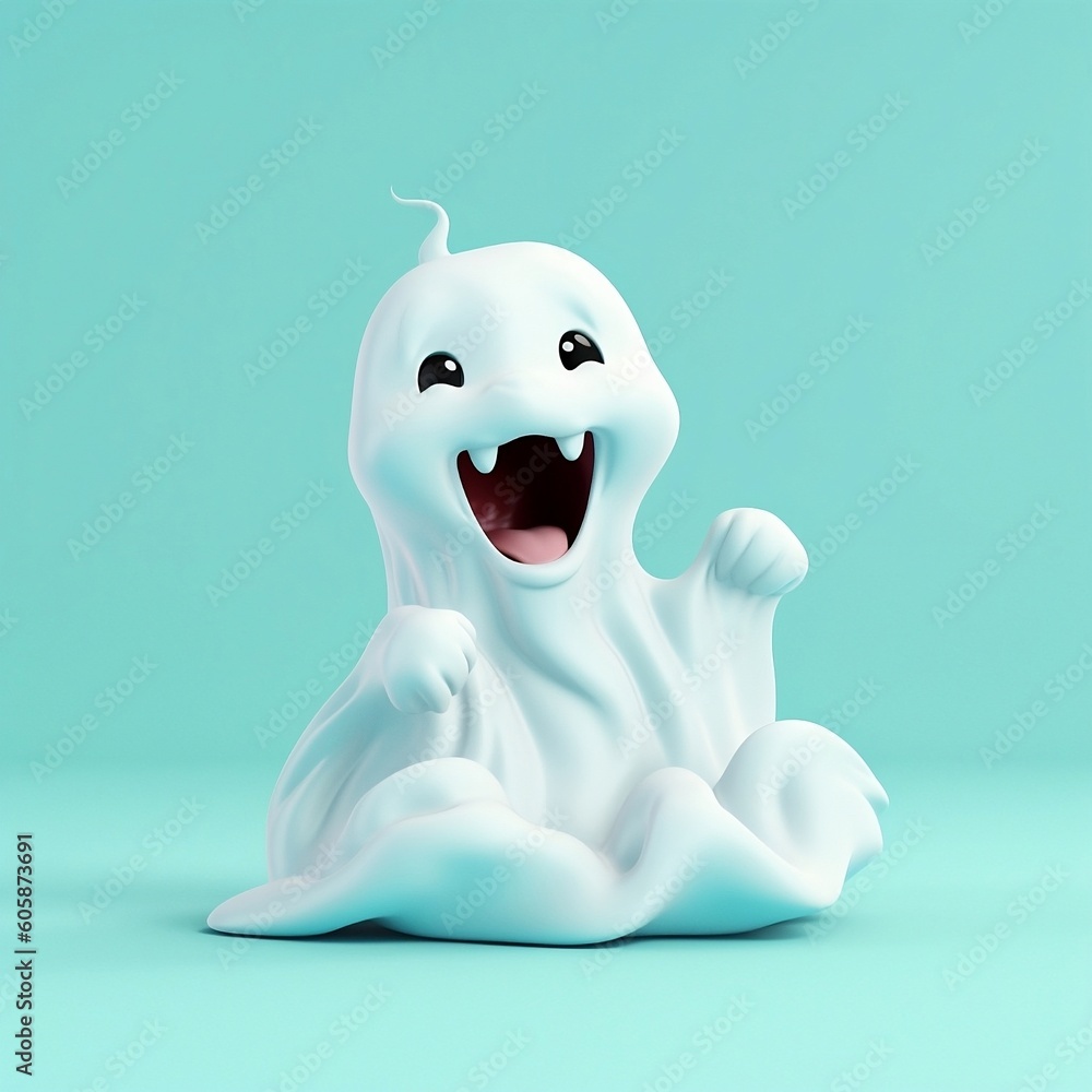 Cute laughing baby ghost with on the teal background created with ...