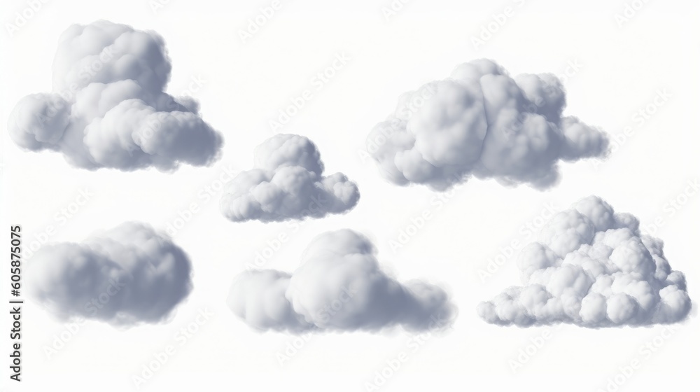 3d render, collection of abstract realistic clouds isolated on white ...