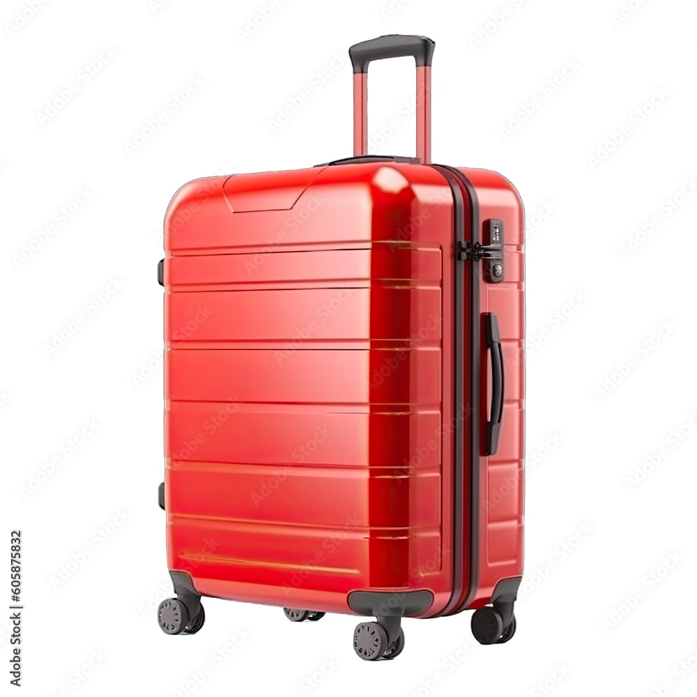 Red luggage ready for travel. Suitcase isolated on transparent ...