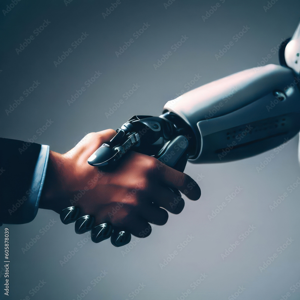 Humans and robots, standing hand in hand, concept, cooperation between ...