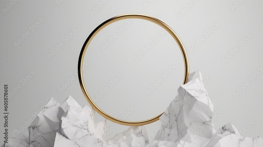 3d render, abstract white background with golden ring, round frame ...