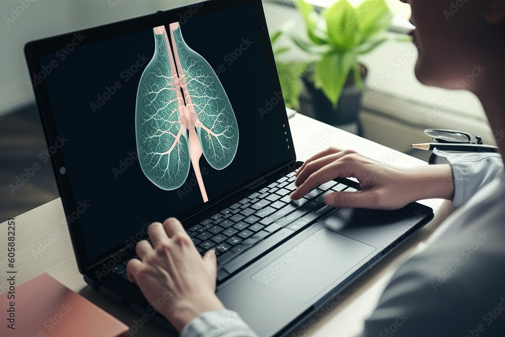 design for Hand touches a lungs on a laptop screen. Online consultation ...