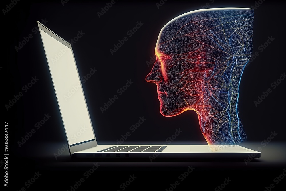 design for The human head moves through screen of a laptop. Concept of ...
