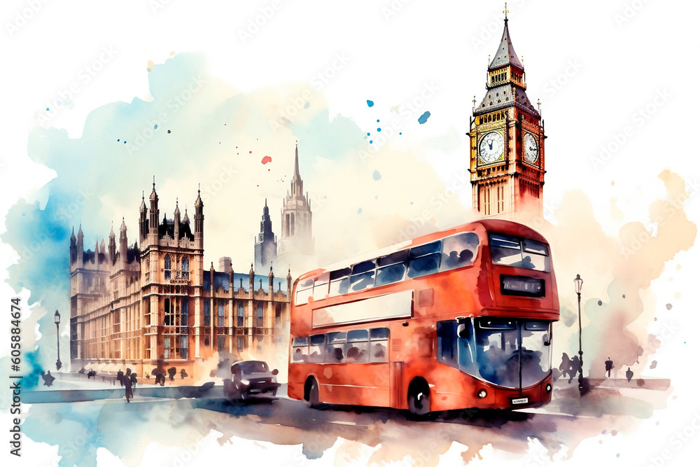 London Big Ben and double decker bus on watercolor painting background ...