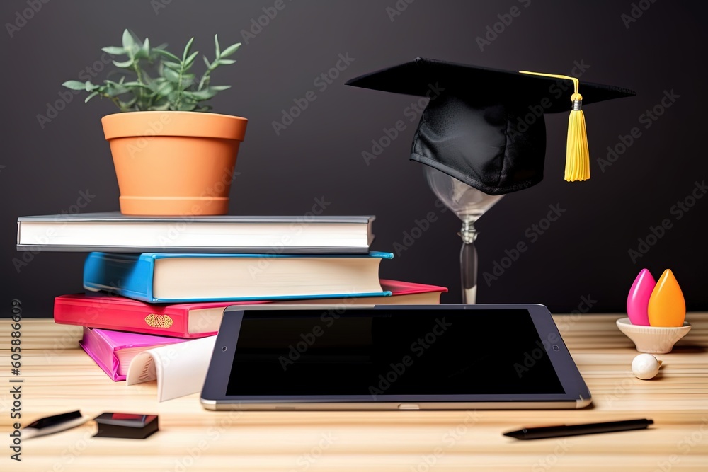 design for tablet pen books and houseplant on the desk tablet with ...