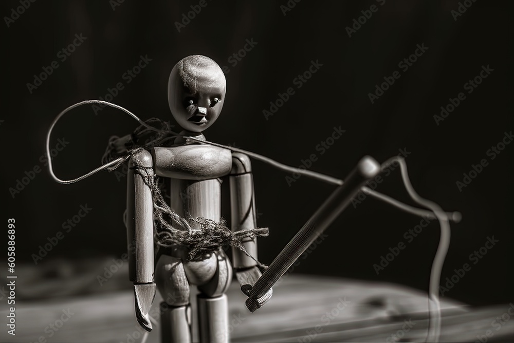 design for Wooden puppet with rope in hand escaped from captivity ...