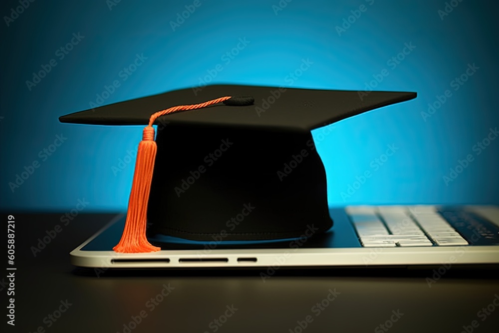 design for sign of online learning an icon of a graduation hat hovers ...